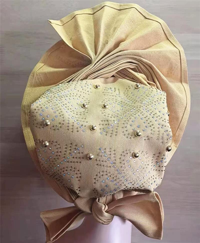 Luxury Nigerian Headtie Already Made African Headtie Women Headbands Head Wrap Headties Femme Headscarf Headgear Sewing Fabric For Party (Gold)