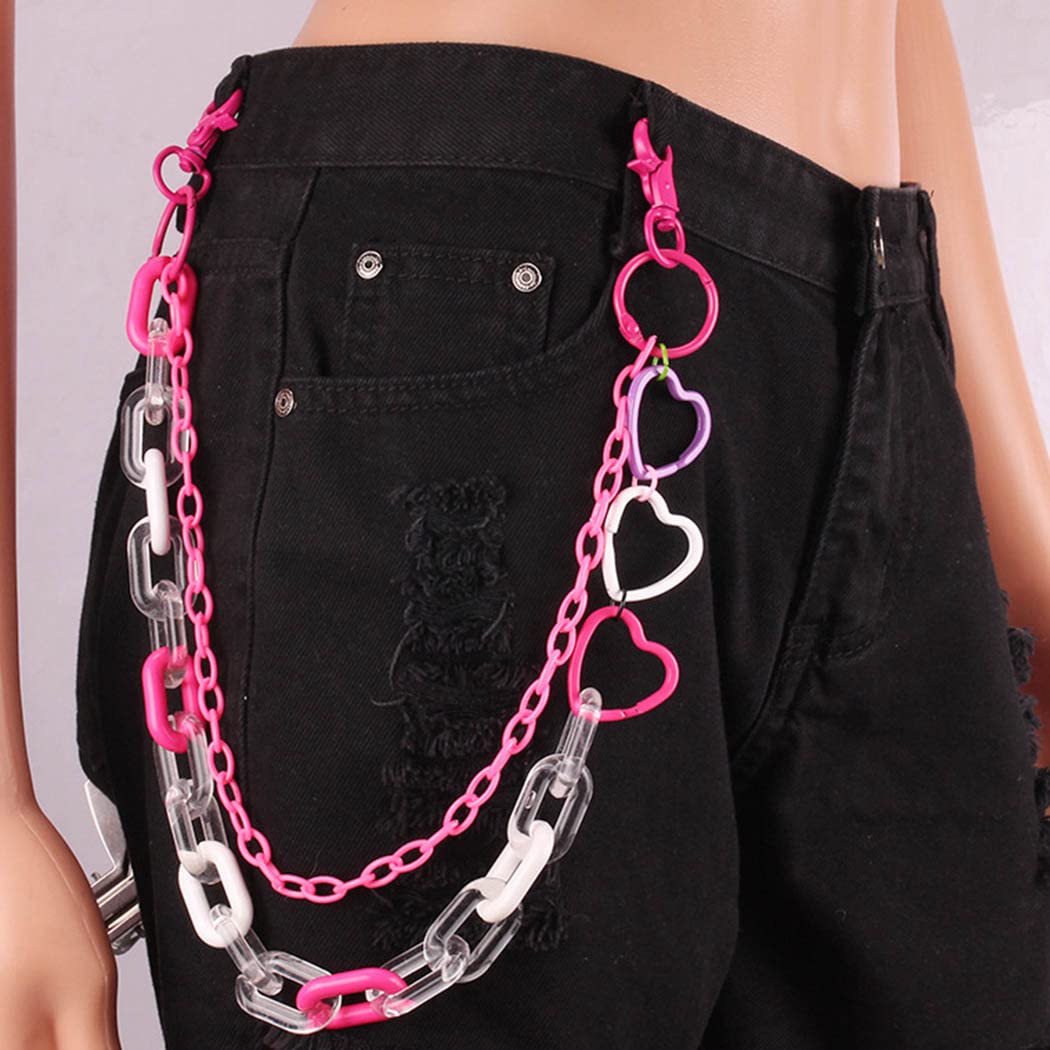 Sinalty Pink Hip Hop Pants Chains Layered Jean Chains Heart Pants Belt Chain Rave Body Jewelry Accessories for Women and Girls