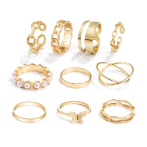 10pcs gold dome chunky rings set for women girls,18k gold plated braided twisted round signet link rings adjustable open ring band statement jewelry