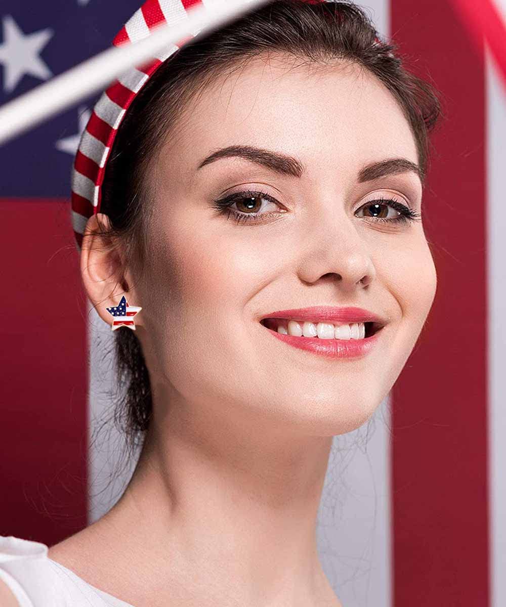 12Pairs Patriotic Earrings 4th of July American Flag Earrings for Women Enamel Heart Star Butterfly USA Stud Earrings Set Independence Day Jewelry Gifts (12 Pairs)