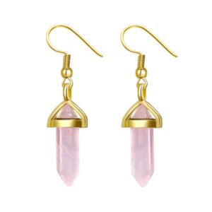 ladywowu rose quartz earrings for women, natural healing crystal earrings gold, cute hexagonal points pink reiki gemstones dangle drop earrings