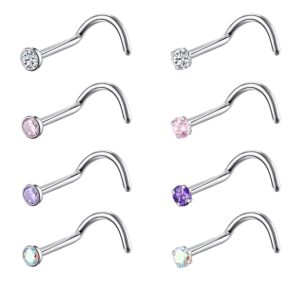 8pcs g23 titanium twist screw nose studs 18g 20g nose rings 2mm 2.5mm 3mm clear pink purple aurora cz gold nose piercing studs nostril for women men(20g silver mix-color cz 2mm)