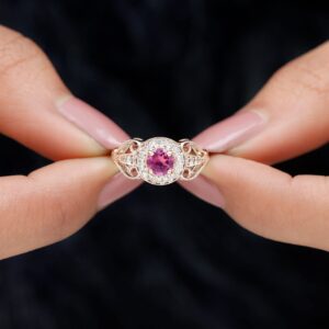 0.75 Cttw Pink Tourmaline Vintage Engagement Ring with Diamond (AAA Quality), 14K Rose Gold, Size:US 4.50