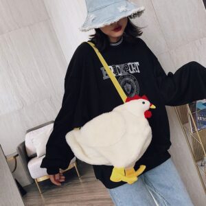 Acxico 1Pcs Women Faux Fur Tote Shoulder Bag Cartoon Chicken Plush Handbag Crossbody Pack, White