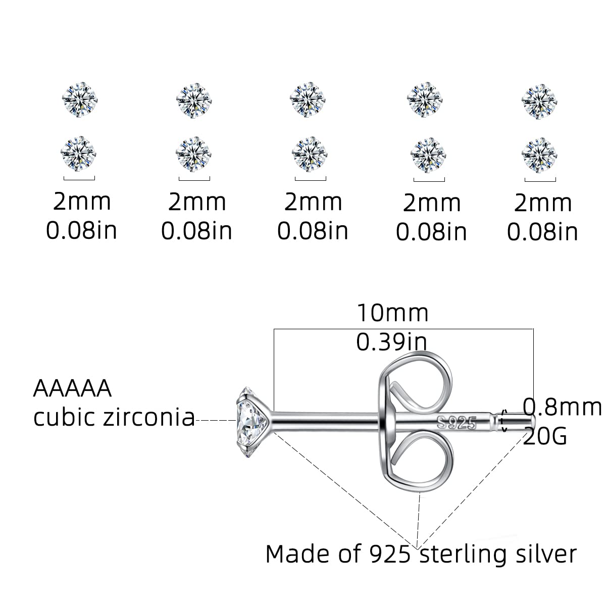 925 Sterling Silver Tiny 2mm Stud Earrings for Women: 5 Pairs Cartilage Helix Hypoallergenic Stud Earrings Clear Round CZ Stud Earrings Set for Women Multiple Piercing