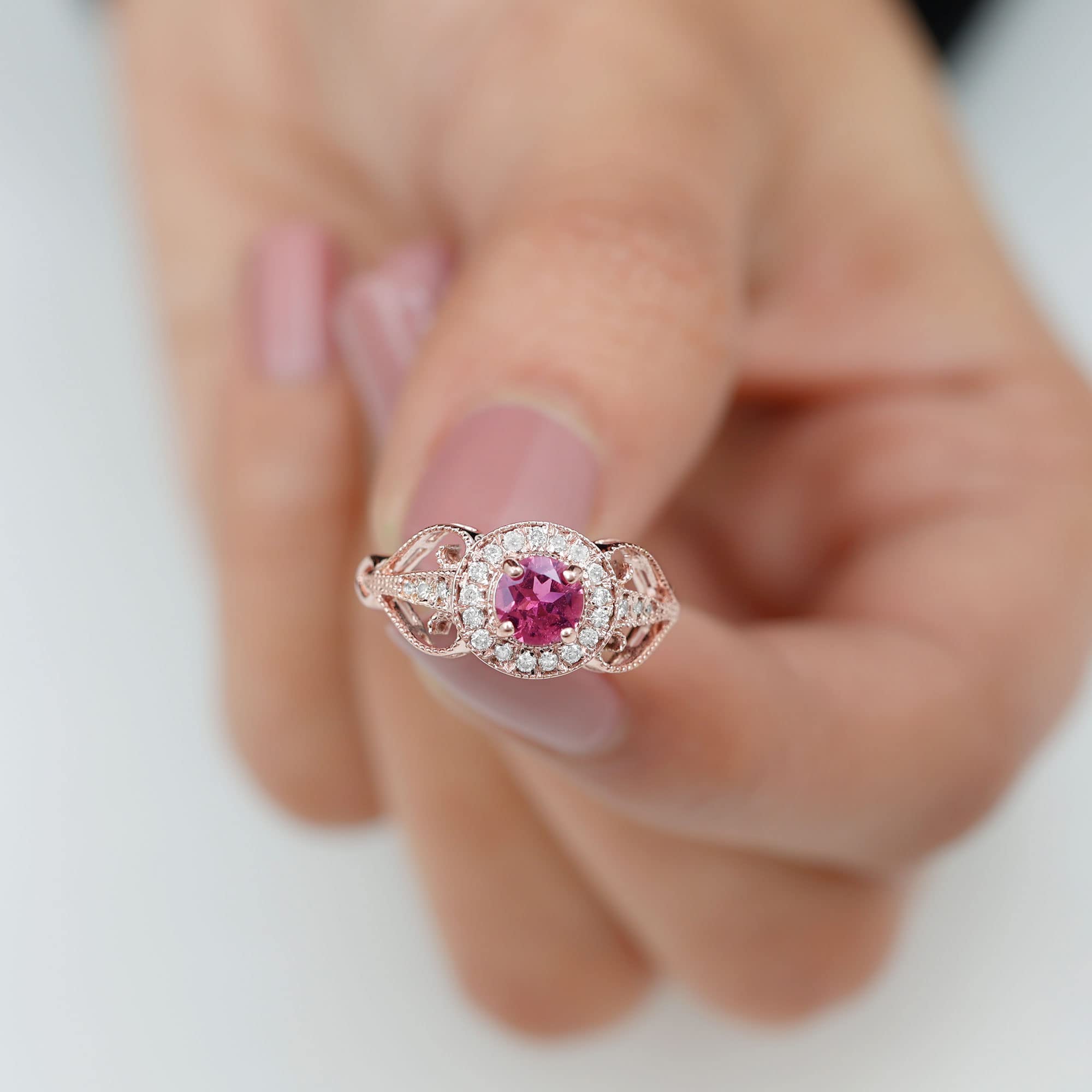 0.75 Cttw Pink Tourmaline Vintage Engagement Ring with Diamond (AAA Quality), 14K Rose Gold, Size:US 4.50