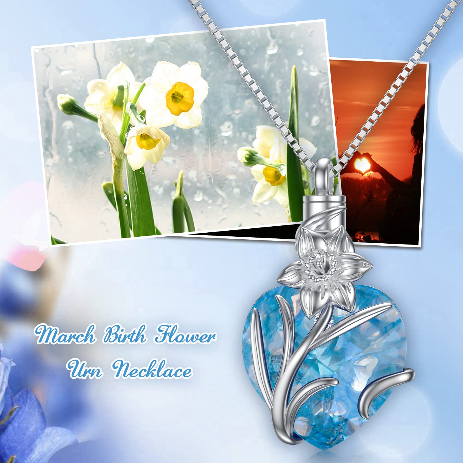 TOUPOP March Birth Flower Cremation Jewelry for Ashes Sterling Silver March Birthstone Urn Necklace with Aquamarine Heart Crystal Daffodils Memorial Keepsake w/Funnel Filler for Women