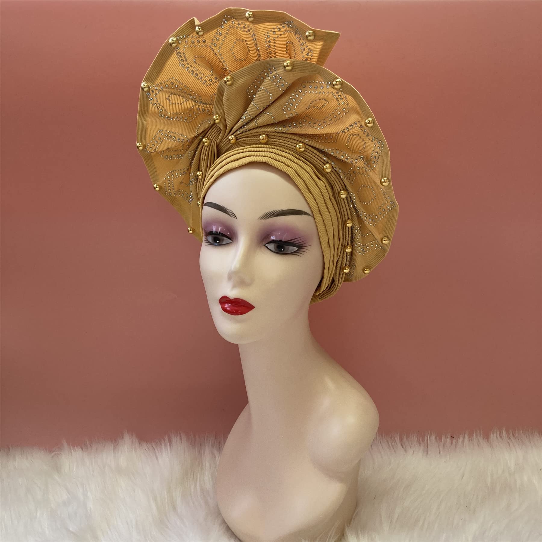 Luxury Nigerian Headtie Already Made African Headtie Women Headbands Head Wrap Headties Femme Headscarf Headgear Sewing Fabric For Party (Gold)