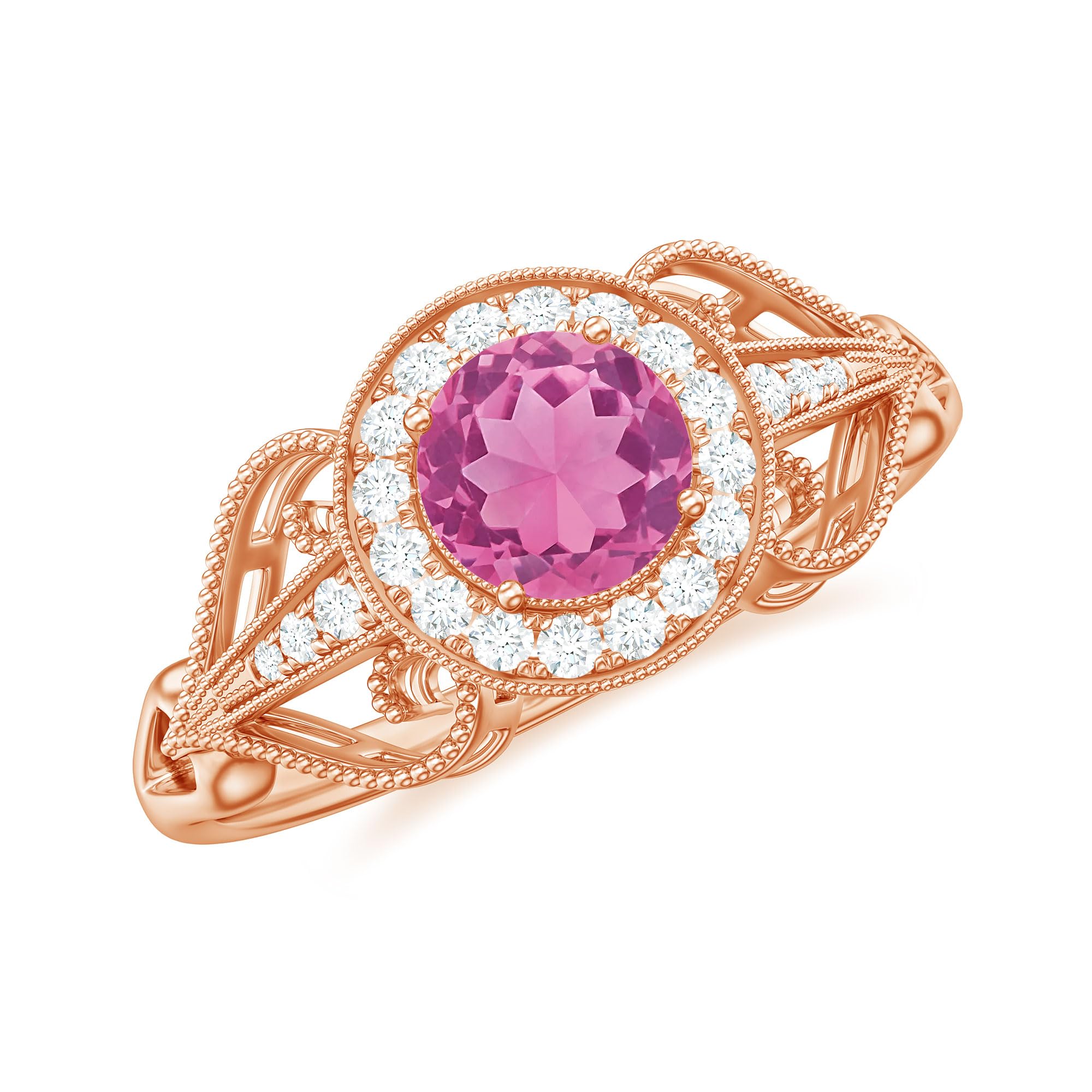 0.75 Cttw Pink Tourmaline Vintage Engagement Ring with Diamond (AAA Quality), 14K Rose Gold, Size:US 4.50