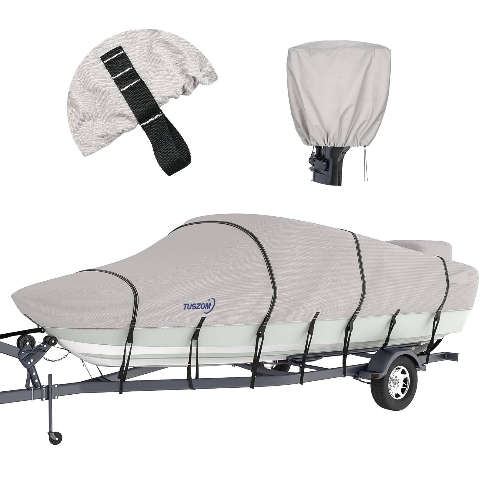 Tuszom Boat Cover 900D Marine Grade Polyester Canvas Trailerable Full Size Boat Cover with Motor Cover for V-Hull Runabouts Outboards and I/O Bass Boats, Fits 17' - 19' L, UP to 96" W