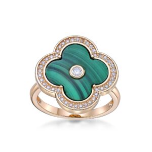 lavari jewelers four leaf clover flower ring for women - graceful green malachite & cubic zirconia in 925 sterling silver - hypoallergenic yellow gold plated - halo anniversary ring size 8