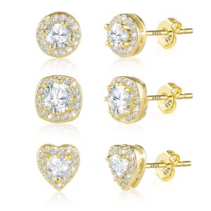 kisspat 14k gold plated stud earrings set halo heart round cubic zirconia stud earrings pack faux diamond studs for women