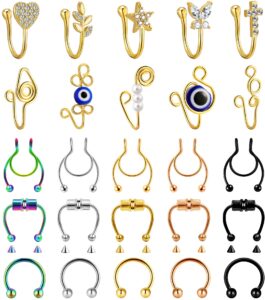 zoeray 25pcs fake nose ring nose cuffs fake septum african clip on faux septum nose ring non pierced nose hoop heart star shape multi-style for women