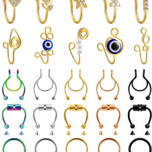 ZOERAY 25Pcs Fake Nose Ring Nose Cuffs Fake Septum African Clip on Faux Septum Nose Ring Non Pierced Nose Hoop Heart Star Shape Multi-Style for Women