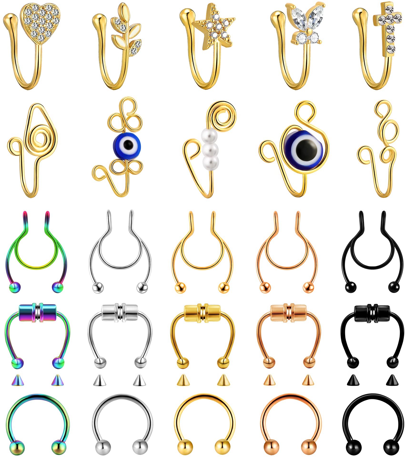 ZOERAY 25Pcs Fake Nose Ring Nose Cuffs Fake Septum African Clip on Faux Septum Nose Ring Non Pierced Nose Hoop Heart Star Shape Multi-Style for Women