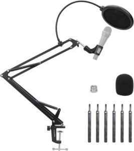 amazon basics heavy-duty microphone desk arm stand all-in-one kit, with adjustable boom, pop filter, and windscreen, for blue yeti, snowball, shure, audio-technica, and other mics - 14 inch