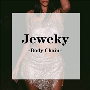 JEWEKY Rhinestone Crop Top Sparkly Body Chain Silver Bra Chain Backless Chest Chains Rave Party Body Jewelry Accessories for Women