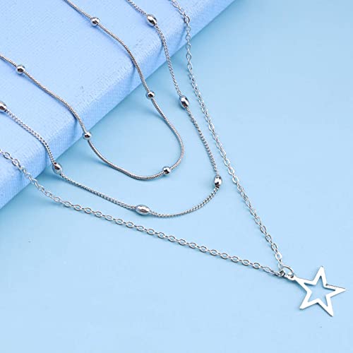 Yheakne Boho Layered Star Choker Necklace Silver Star Pendant Necklace Layering Satellite Chain Necklace Outline Star Necklace Chain Jewelry for Women