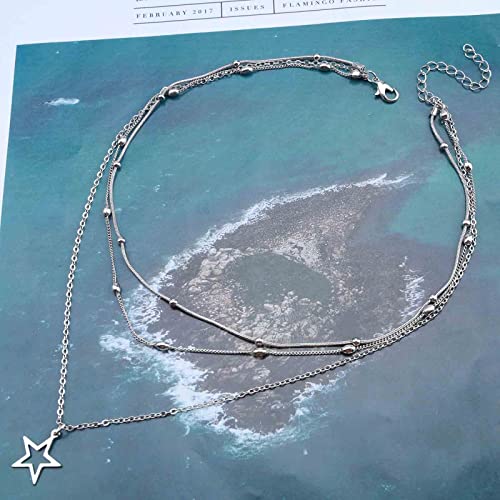 Yheakne Boho Layered Star Choker Necklace Silver Star Pendant Necklace Layering Satellite Chain Necklace Outline Star Necklace Chain Jewelry for Women