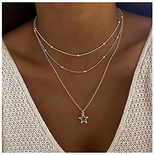 Yheakne Boho Layered Star Choker Necklace Silver Star Pendant Necklace Layering Satellite Chain Necklace Outline Star Necklace Chain Jewelry for Women