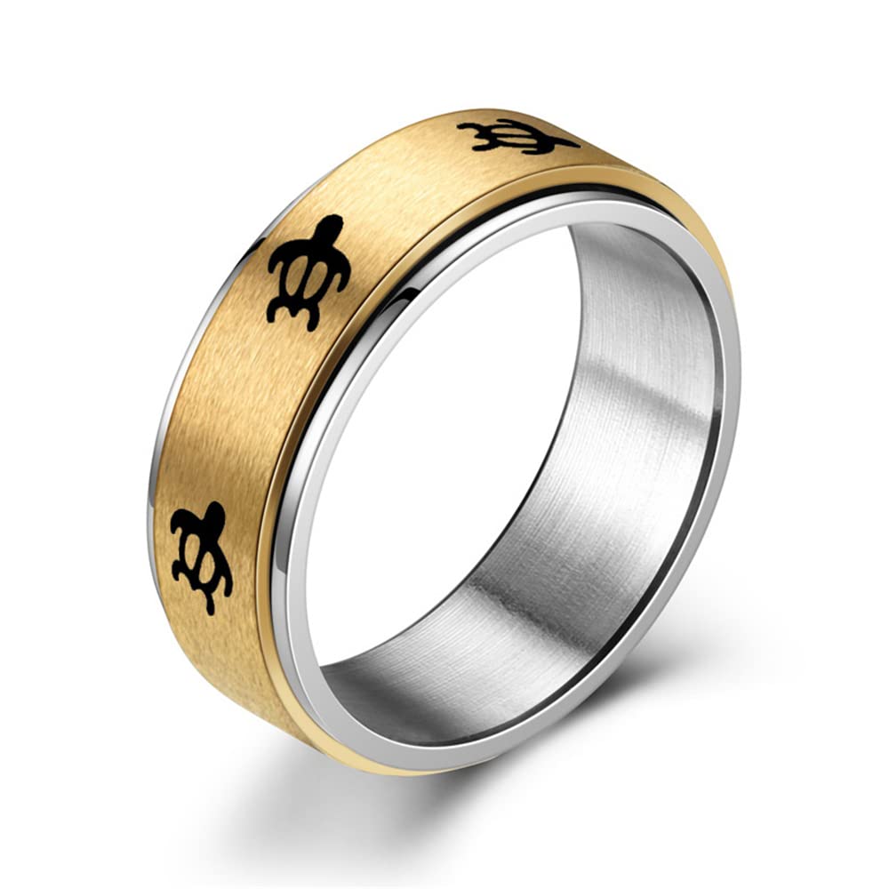 INRENG 8MM Stainless Steel Spinner Ring for Men Women Anxiety Relief Fidget Rings Band Animal Turtle Engraved Gold Size 12