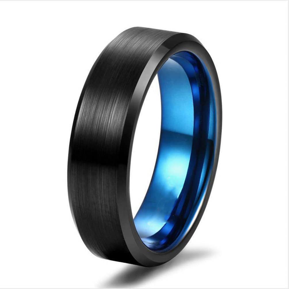 MZZJ His Hers Pinky Promise Pinky Swear Couple Matching Ring 6MM+4MM 2 Tone Brushed Matte Black Tungsten Blue Inside Bevel Edge Wedding Band Promise Engagement Rings for Him Her