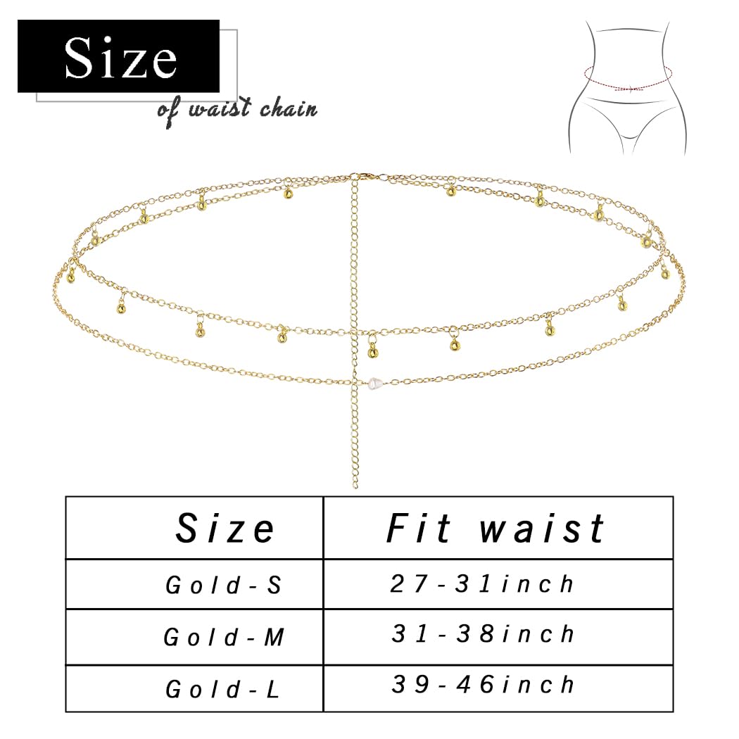 Wriidy Layered Beads Waist Chain Multilayer Bead Belly Chain Pearl Body Jewelry Accessories for Women(Gold/Silver) (Gold-fit for 31-38 inch waist)