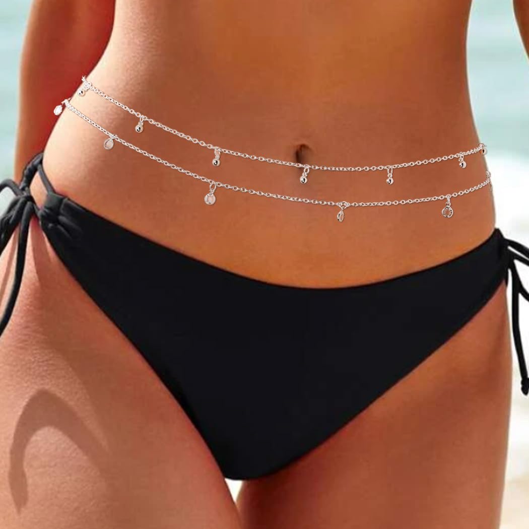 Wriidy Waist Chain Silver Layered Belly Chain Beach Body Jewelry Accessories for Women