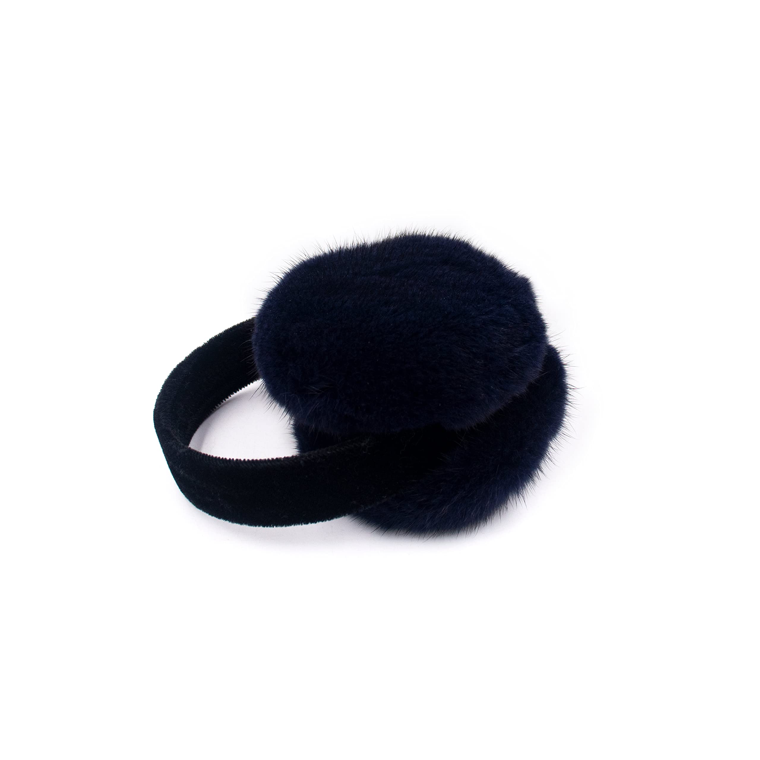 surell Foldable Mink Fur Earmuffs with Black Velvet Band - Cute Ear Warmers for Women and Girls - Luxury Winter Fashion - (Navy Blue)