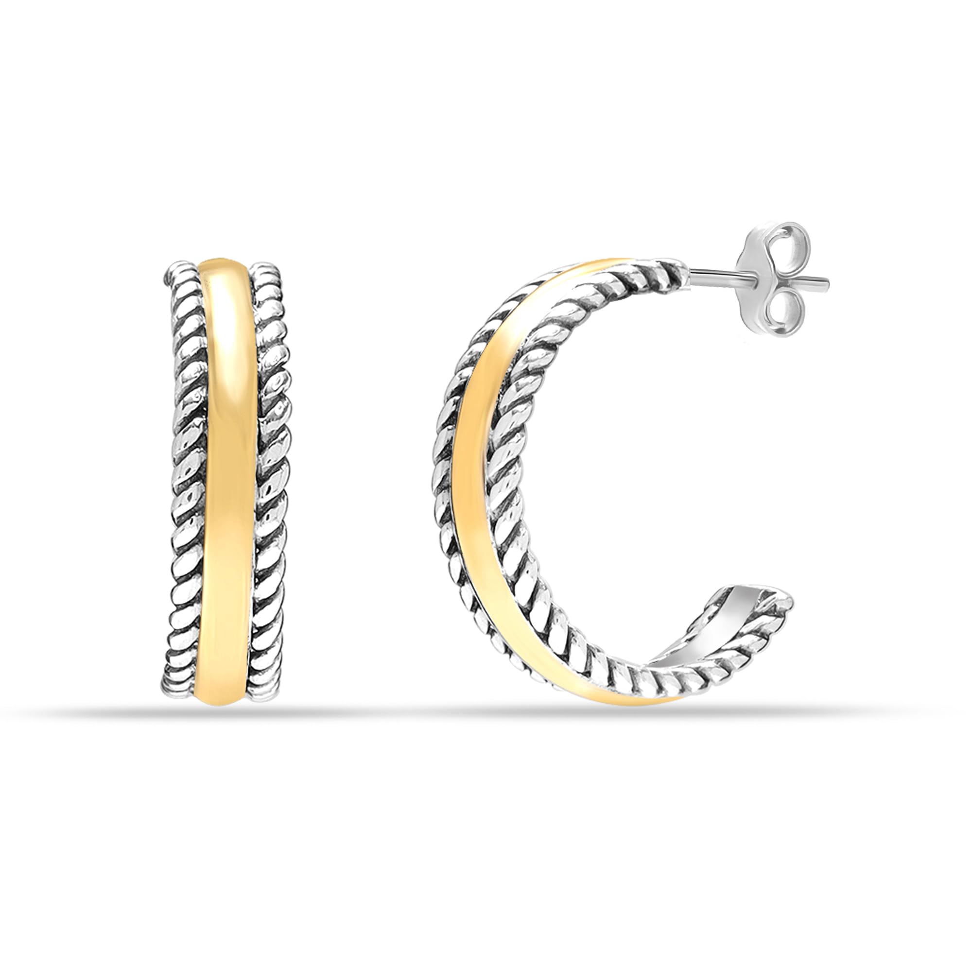 LeCalla 925 Sterling Silver Half Hoop Earrings for Women | Two-Tone Antique Style C Hoop Earring | 14K Gold-Plated Small Women's Earring 15MM