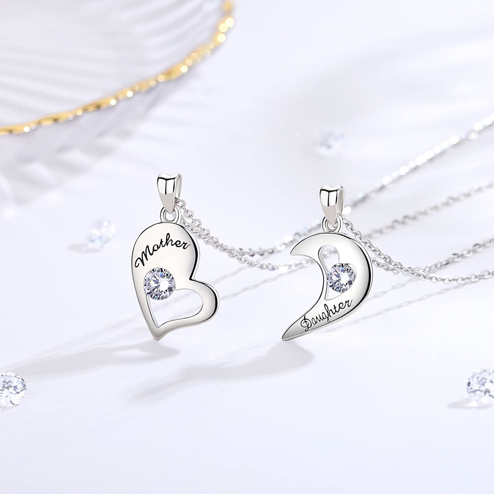 EUDORA Sterling Silver Mother Daughter Necklace Set for 2 for Mama, Heart Moon Mom Daughter Double Chain Pendant Jewelry Mother's Day Gift for Mother Stepmother Daughter