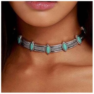 yheakne boho turquoise choker necklace vintage turquoise necklace chunky silver chain necklace thick collarbone necklace gypsy necklace chain jewelry for women and girls tribal necklace