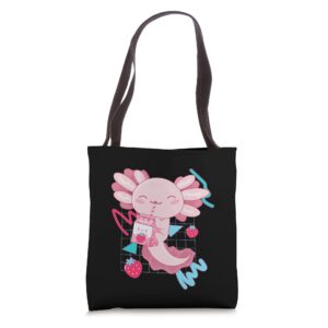 kawaii axolotl strawberry milk shake carton retro 90s anime tote bag