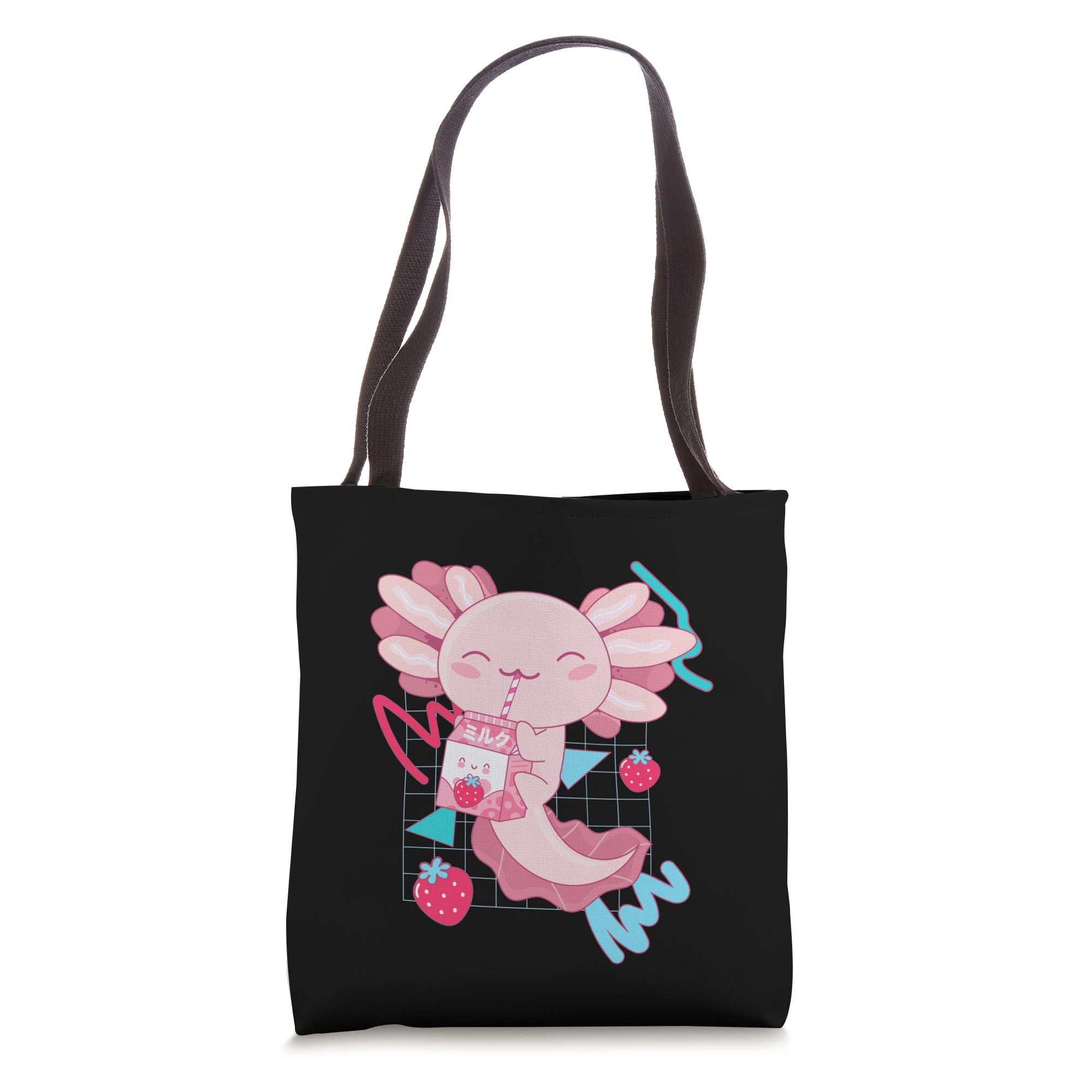 Kawaii Axolotl Strawberry Milk Shake Carton Retro 90s Anime Tote Bag