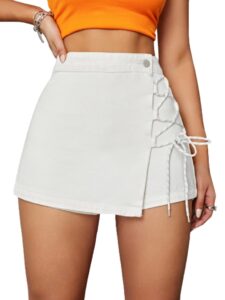 wdirara women's wrap lace up tie side high waist skort casual button skirt shorts white l