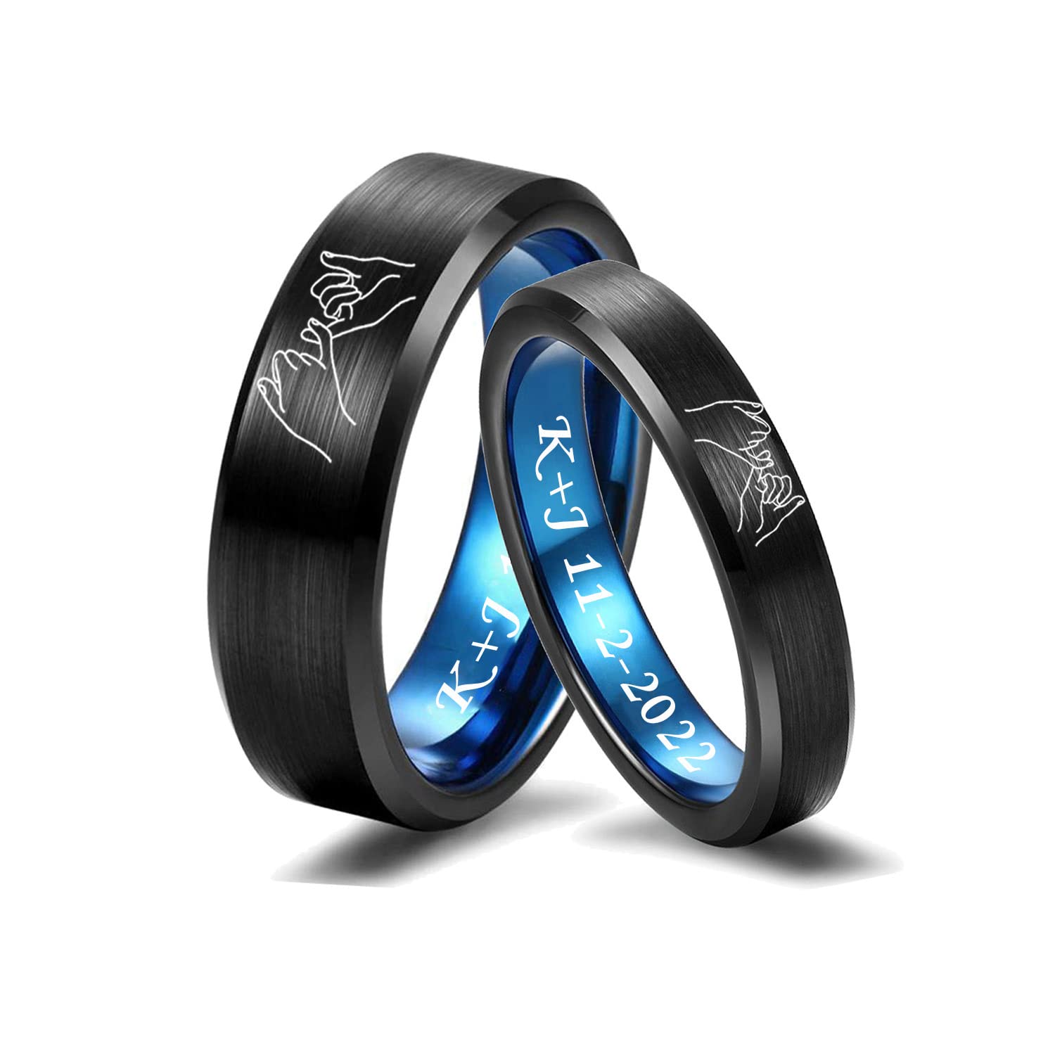 MZZJ His Hers Pinky Promise Pinky Swear Couple Matching Ring 6MM+4MM 2 Tone Brushed Matte Black Tungsten Blue Inside Bevel Edge Wedding Band Promise Engagement Rings for Him Her