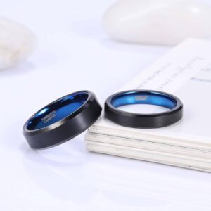 MZZJ His Hers Pinky Promise Pinky Swear Couple Matching Ring 6MM+4MM 2 Tone Brushed Matte Black Tungsten Blue Inside Bevel Edge Wedding Band Promise Engagement Rings for Him Her