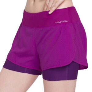 vutru women's 2 in 1 running shorts quick dry workout athletic shorts with liner back pockets (purple,l)