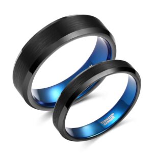 MZZJ His Hers Pinky Promise Pinky Swear Couple Matching Ring 6MM+4MM 2 Tone Brushed Matte Black Tungsten Blue Inside Bevel Edge Wedding Band Promise Engagement Rings for Him Her