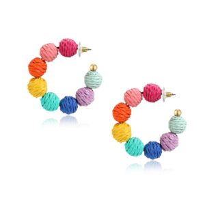 colorful statement raffia hoop dangle earrings for women - fun summer rattan beach vacation jewelry teacher gifts (colorful)