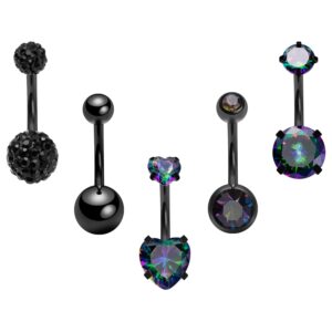 14g belly button ring stainless steel black navel ring for women clear round heart cz crystal belly bar body piercing internally threaded barbell belly jewelry black 5pcs (5pcs belly button ring-black)