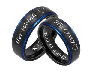 mzzj personalized inside her weirdo & his crazy couple matching ring 2 tone brushed matte black tungsten blue step edge wedding band promise engagement rings for him her