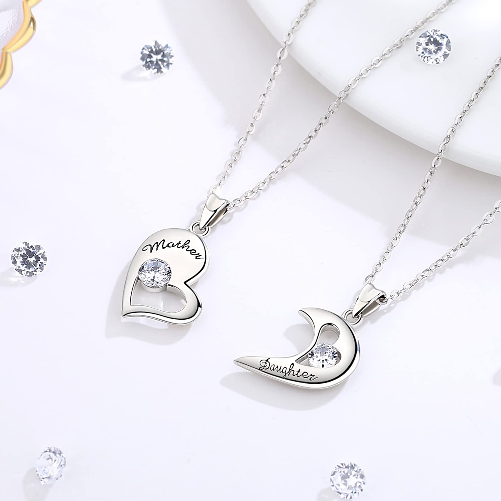 EUDORA Sterling Silver Mother Daughter Necklace Set for 2 for Mama, Heart Moon Mom Daughter Double Chain Pendant Jewelry Mother's Day Gift for Mother Stepmother Daughter