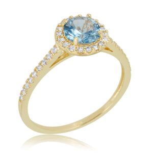 avora 10k yellow gold march birthstone- aquamarine with simulated diamond cz halo fashion ring - size 6