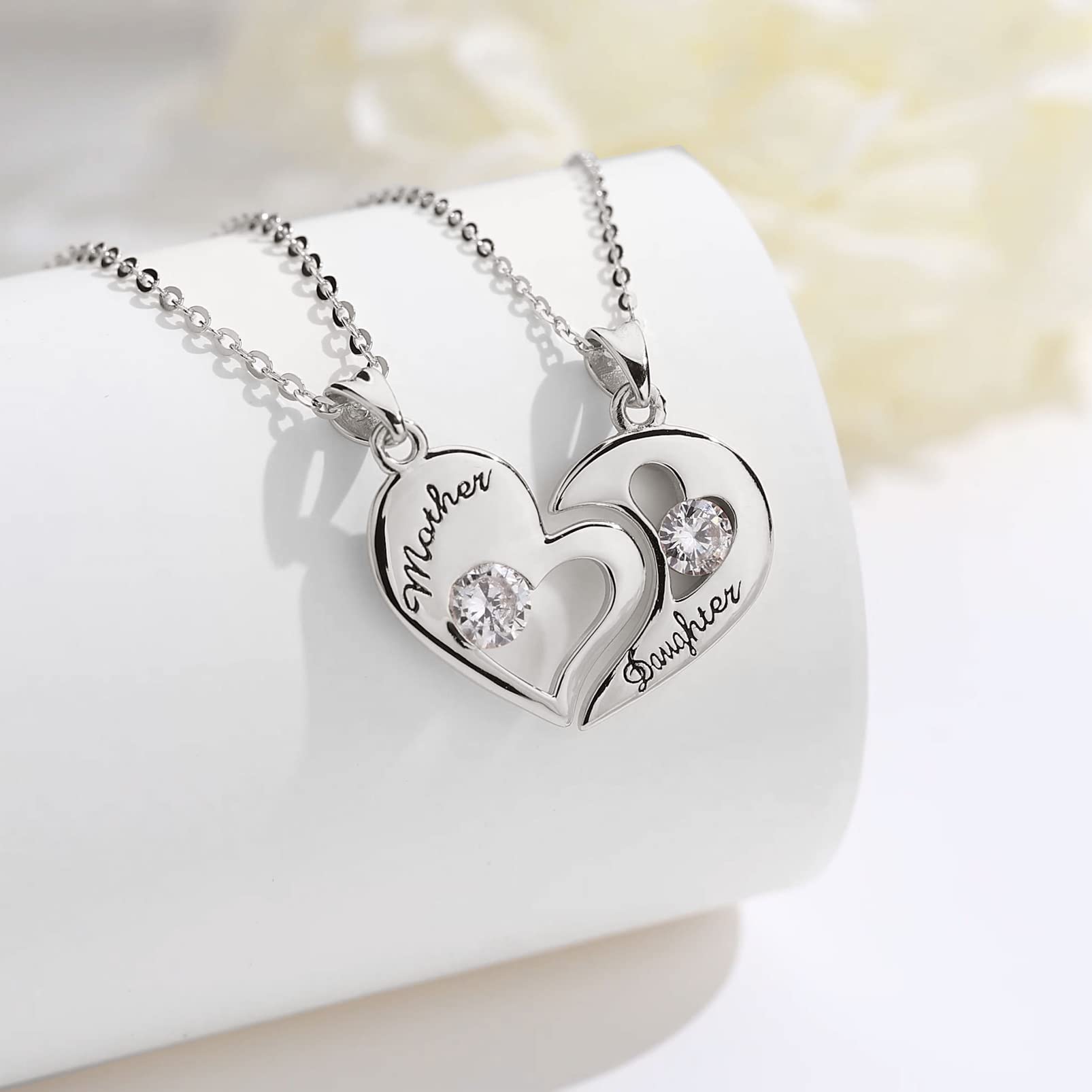 EUDORA Sterling Silver Mother Daughter Necklace Set for 2 for Mama, Heart Moon Mom Daughter Double Chain Pendant Jewelry Mother's Day Gift for Mother Stepmother Daughter