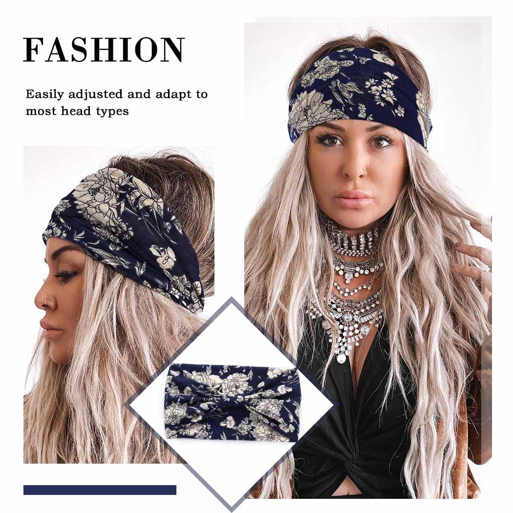 Aceorna Boho Headbands Wide Knotted Hairbands Stretch Turban Head Bands Elastic Cotton Workout Hair Bands Floral Yoga Sweetbands Bohemia Head Wraps for Women and Girls 3 Pcs (Printed 1)