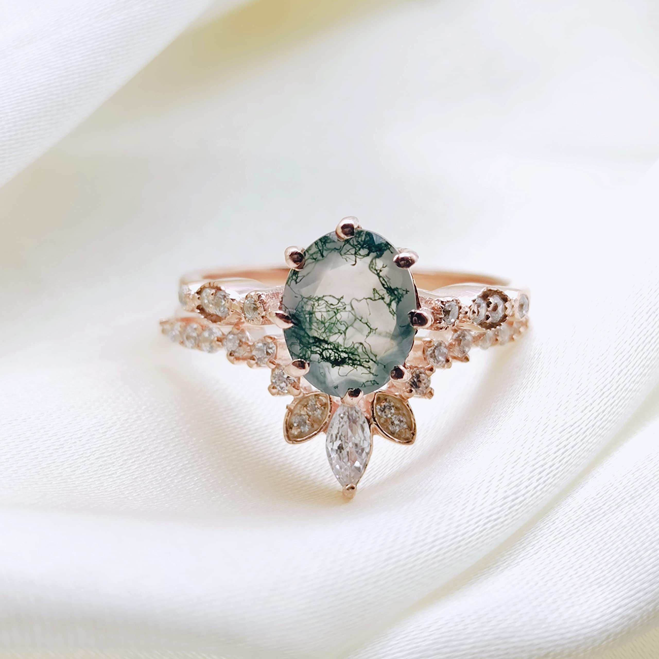 Natural Moss Agate Ring Set For Women Pear Oval Shaped Gold Ring Silver Ring Delicate Ring Stacking Ring Promise Ring For Women's Birthday Gift By FOREVER GEMS & JEWELS, Rose Gold,White,Green,Silver