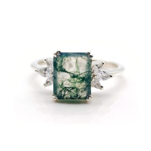 moss agate engagement ring for women emerald cut solid 14k gold ring-cluster ring-moissanite bridal ring-promise by forever gems & jewels, rose gold,white,green,emerald,silver