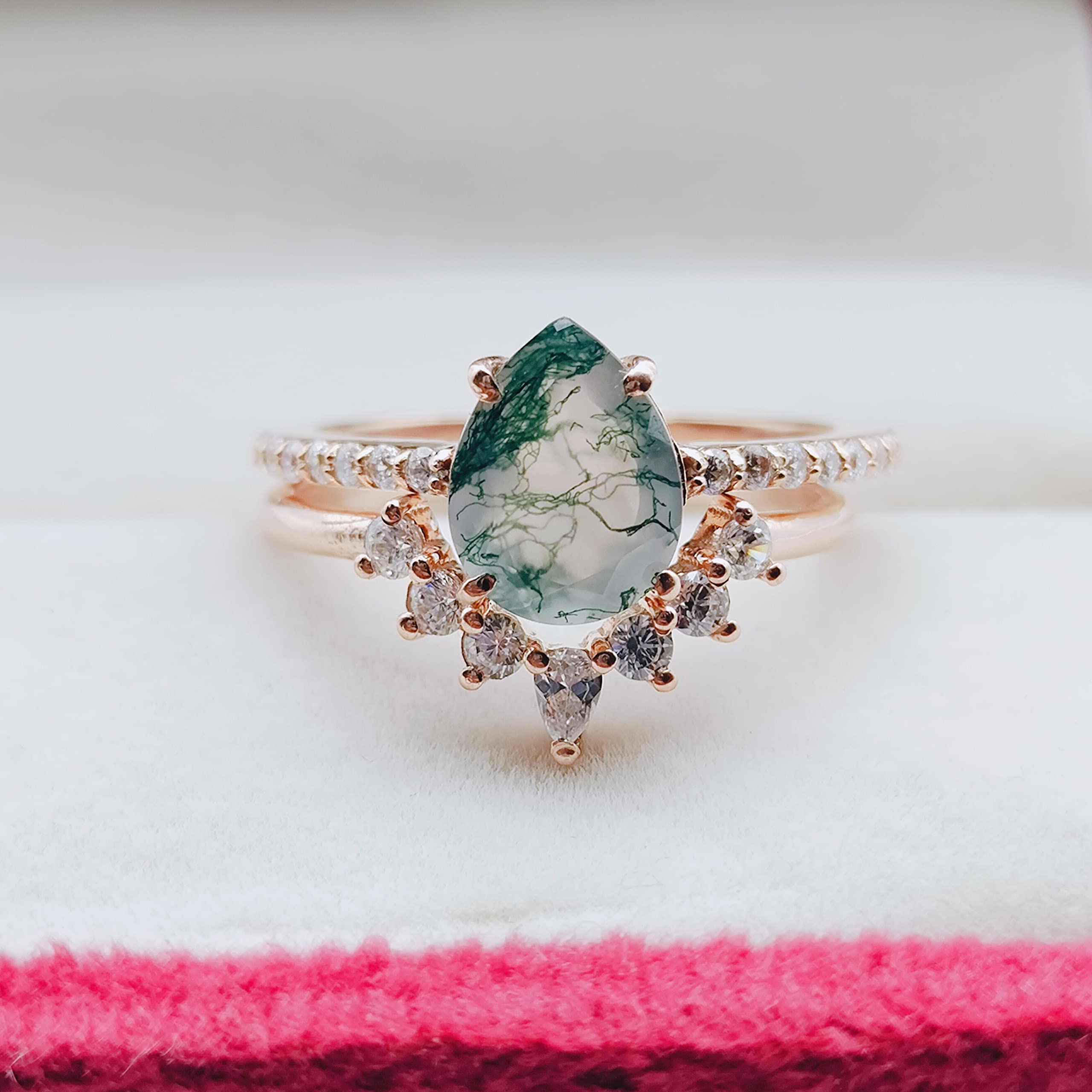 Natural Moss Agate Ring Set For Women Pear Shaped Gold Ring Silver Ring Delicate Ring Stacking Ring Promise Ring For Women Christmas Gift By FOREVER GEMS & JEWELS