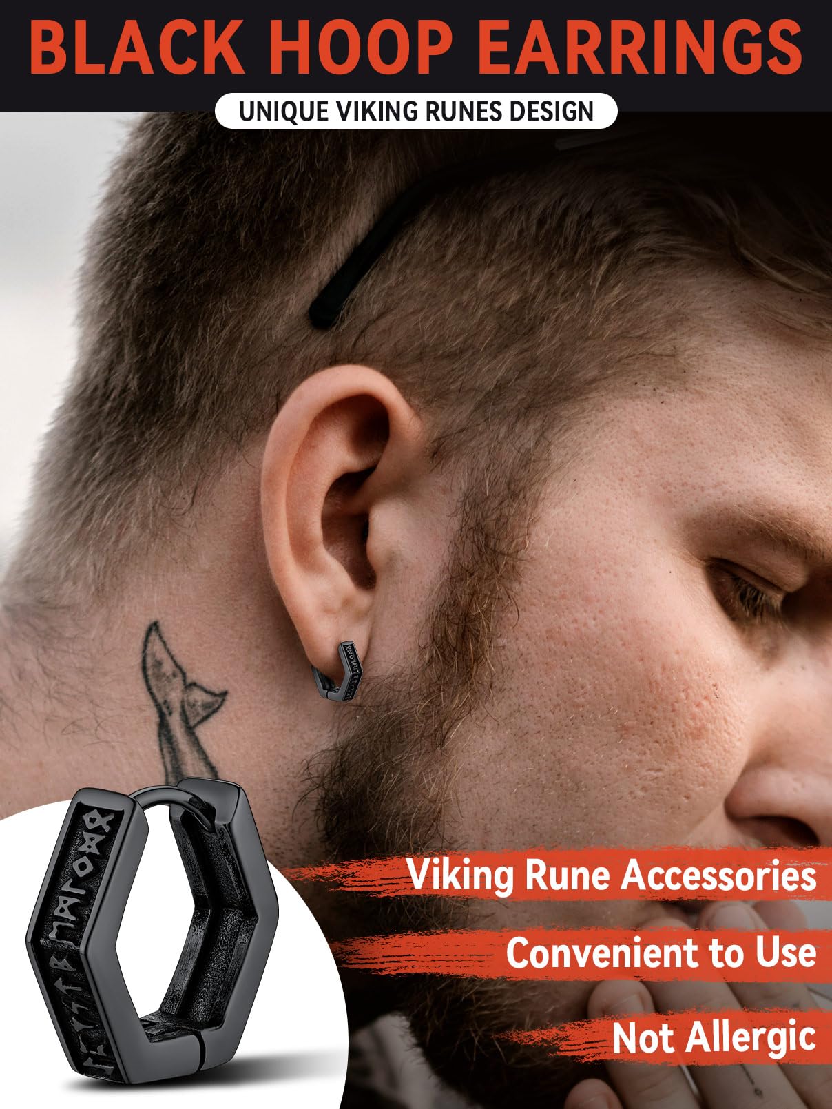 Vintage Rune Hoop Earrings for Male Black Punk Norse Vikings Stuff Amulet